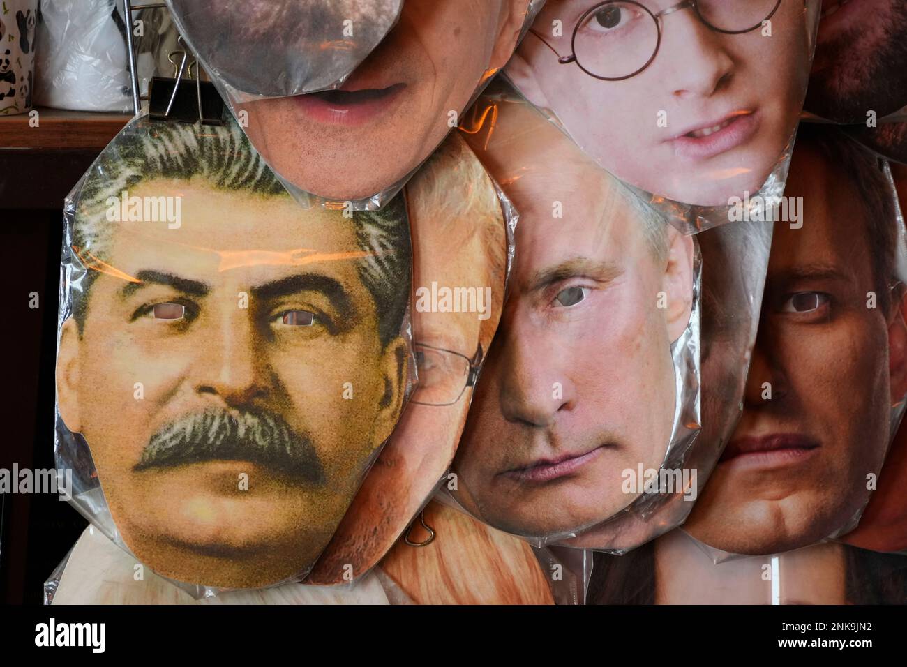 Face masks depicting Russian President Vladimir Putin, centre, Soviet ...