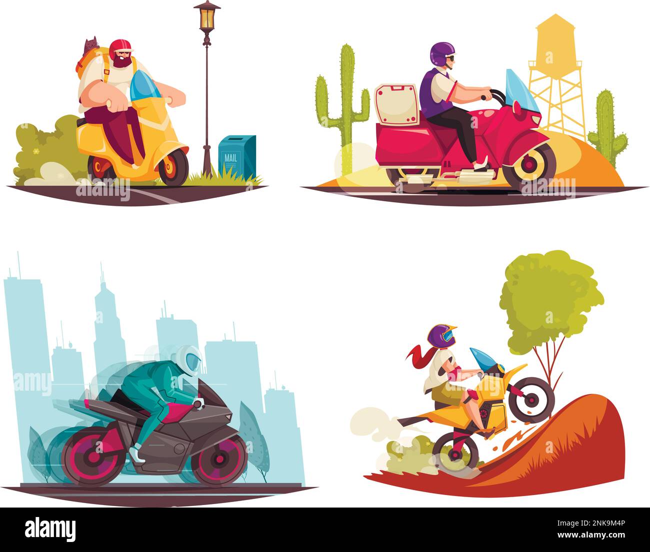 Motorcycle cartoon set with bikers riding bikes and scooters isolated ...