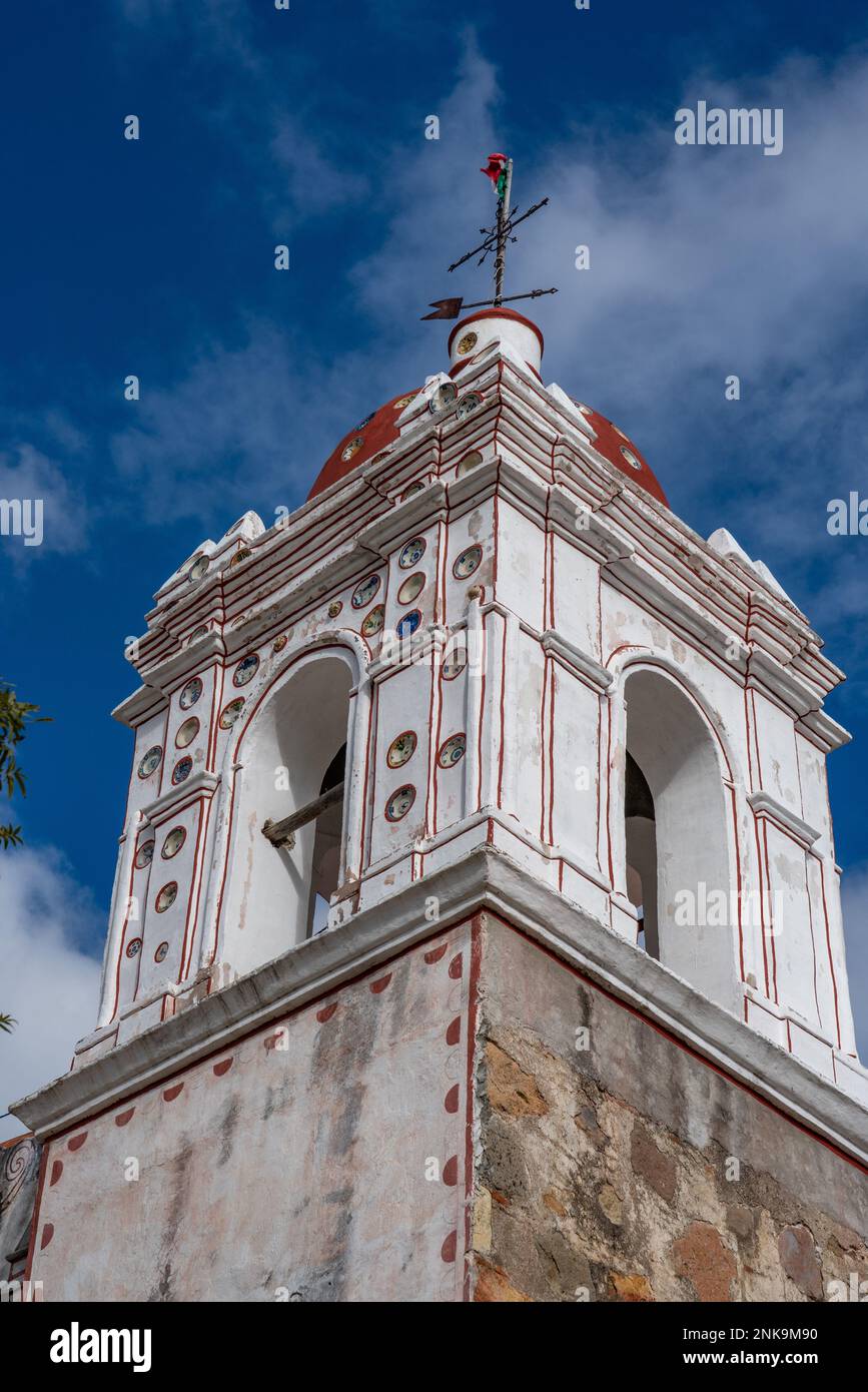 Bell tower of the Spanish colonial Church of San Miguel Archangel in ...