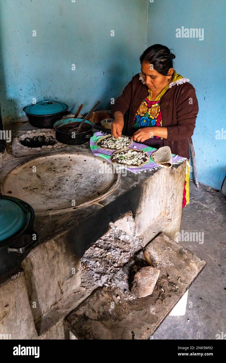 An indigenous Zapotec woman in traditional dress cooks memelas on a ...