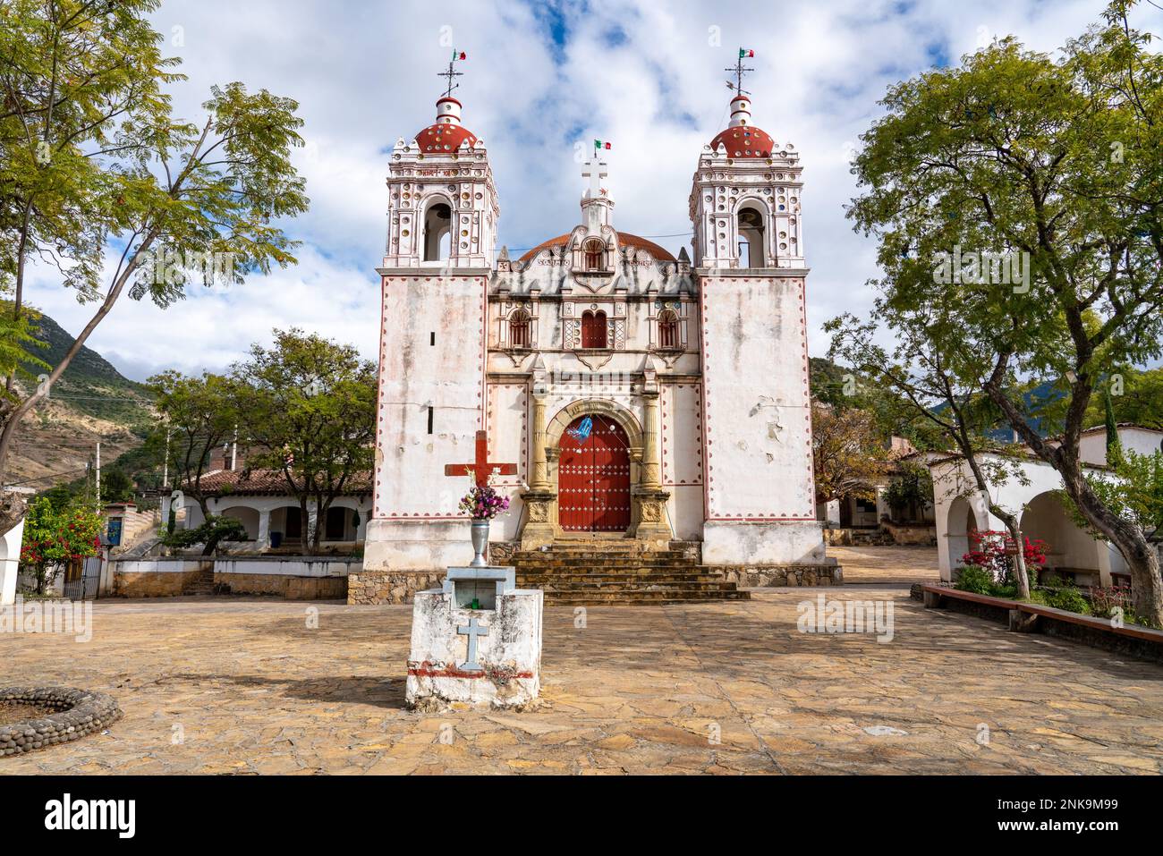 Facade and bell towers of the Spanish colonial Church of San Miguel ...
