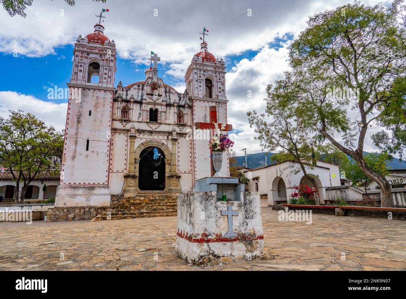 Facade and bell towers of the Spanish colonial Church of San Miguel ...
