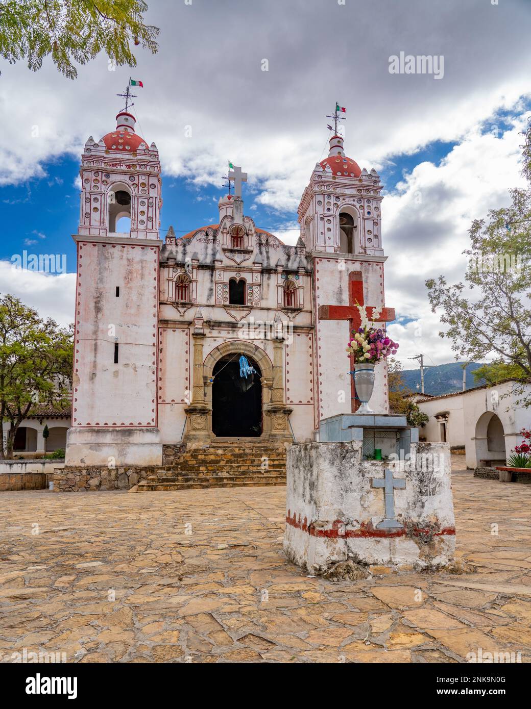 Facade and bell towers of the Spanish colonial Church of San Miguel ...