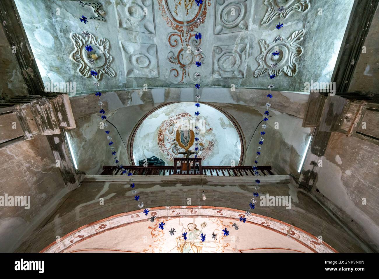 Frescos on the ceiling and choir loft of the Spanish colonial Church of ...