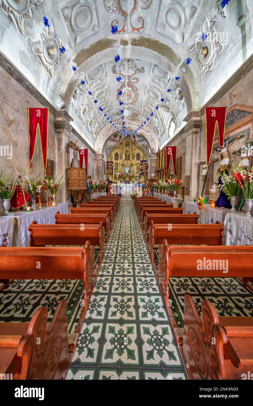 The nave and decorated ceiling of the Spanish colonial Church of San ...