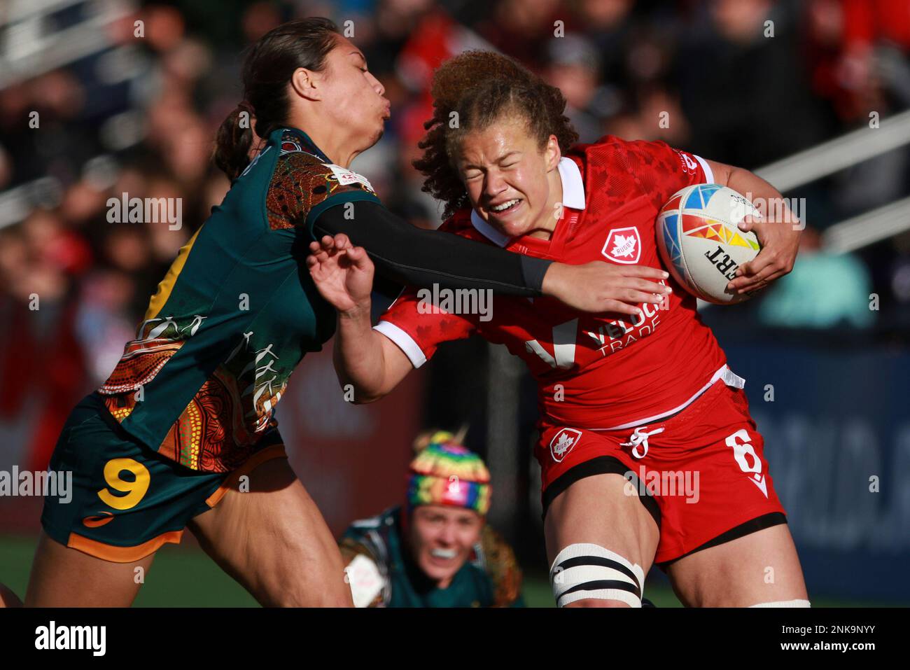 Canada's Renee Gonzalez tries avoid being tackled by Australia's Bienne ...