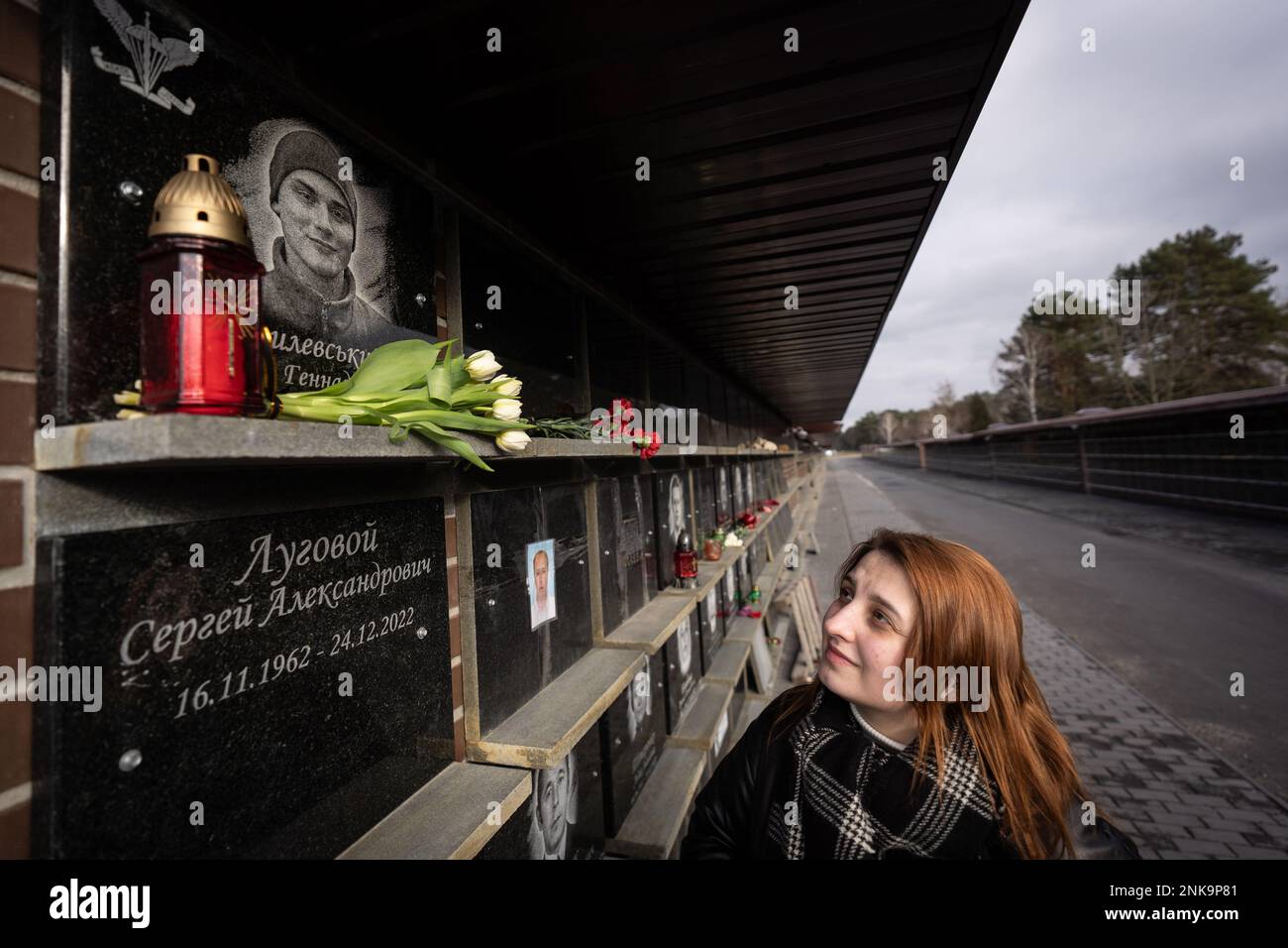 Kyiv, Ukraine - February 22, 2023: Alla Karpenko (24) mourns her ...