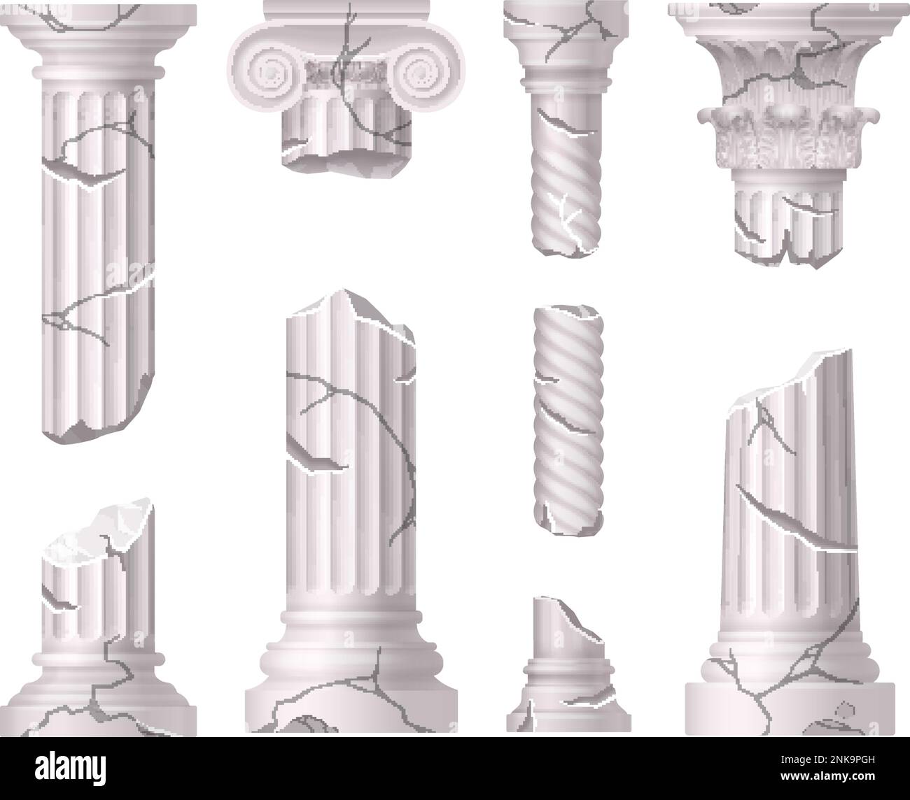 Broken marble pillars and columns with classical decor in baroque style ...