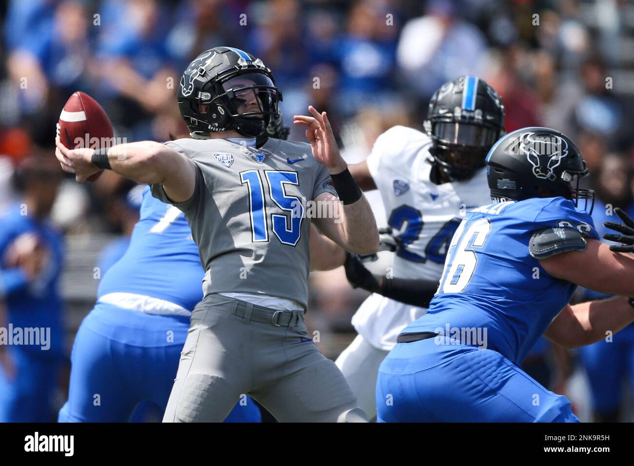 AMHERST, NY - APRIL 30: Buffalo quarterback Cole Snyder (15) throws a ...