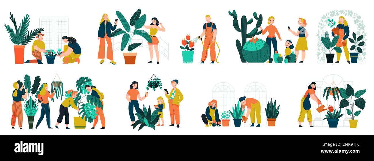 Botanical garden colorful icons set with people growing plants isolated ...