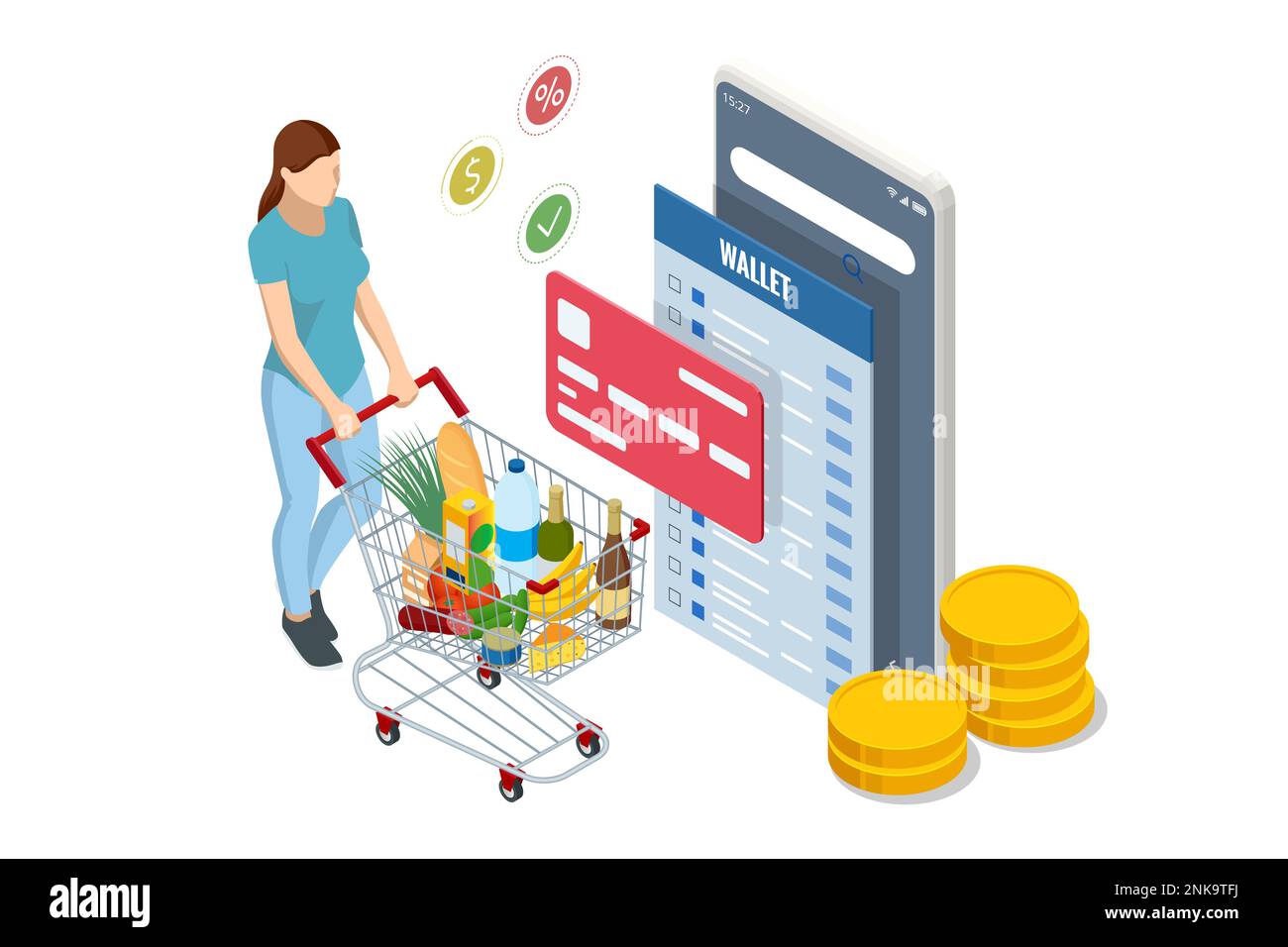 Isometric checking a grocery receipt, grocery shopping and expenses ...