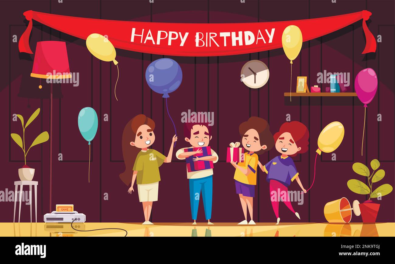 Birthday celebration party with children giving presents cartoon vector ...