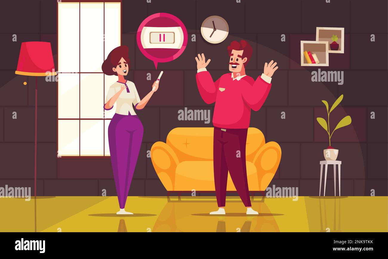 Maternity Cartoon Scene With Young Couple Getting Pregnancy Test