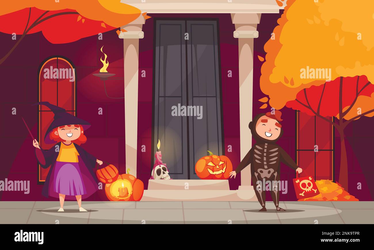Halloween cartoon concept with happy kids in costumes and autumn trees ...