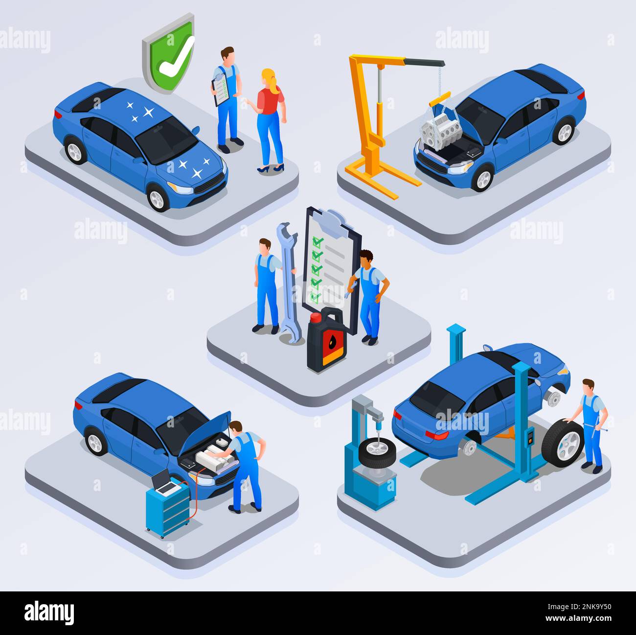 Car service isometric compositions with workshop staff performing ...