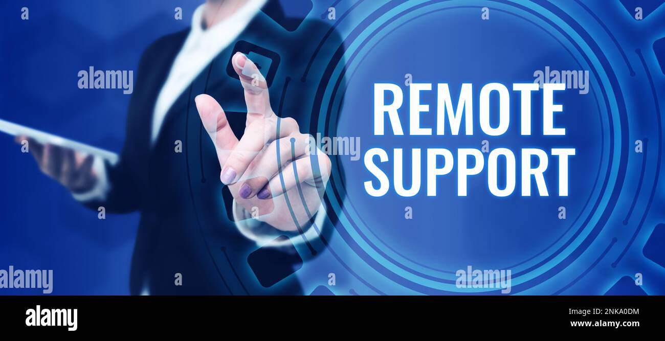 Text caption presenting Remote Support. Conceptual photo help end-users ...