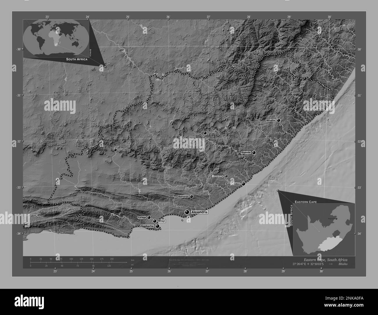 Eastern Cape, province of South Africa. Bilevel elevation map with ...