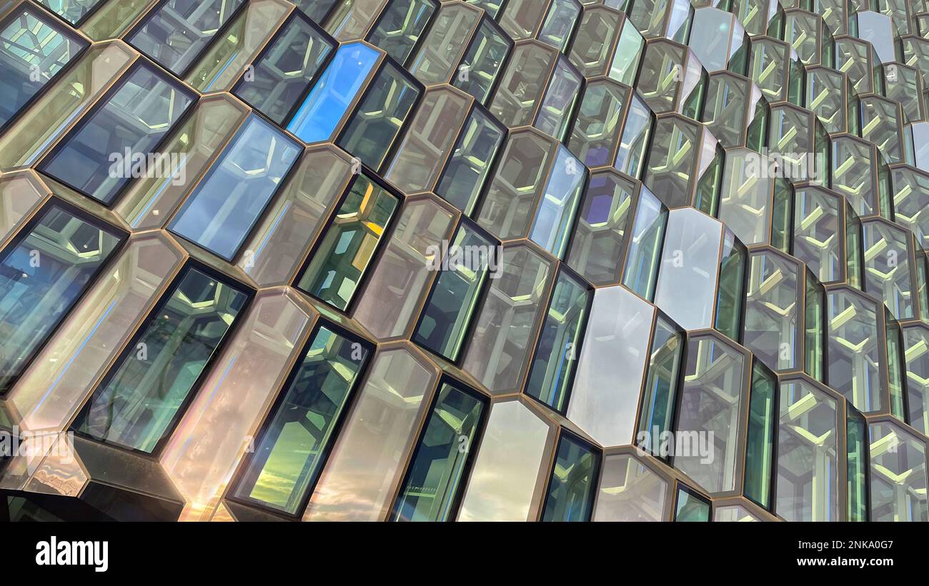 Glass wall of Harpa concert hall, Reykjavik, Iceland. Colorful glass ...