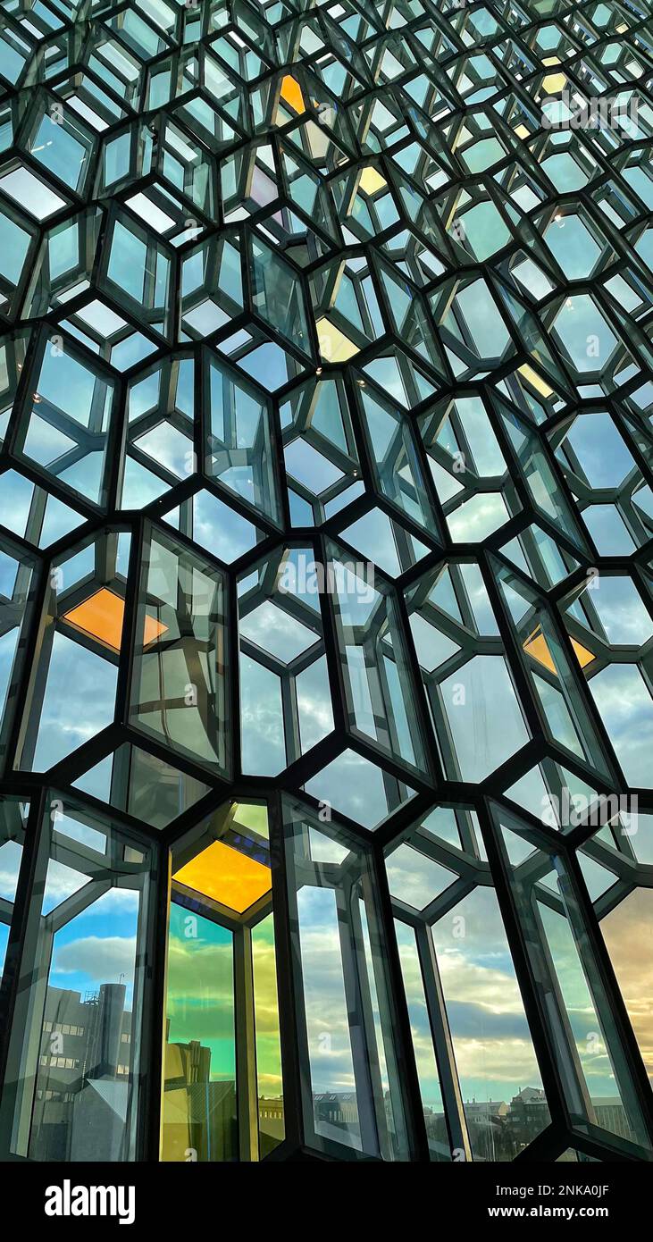 Glass wall of Harpa concert hall, Reykjavik, Iceland. Colorful glass ...