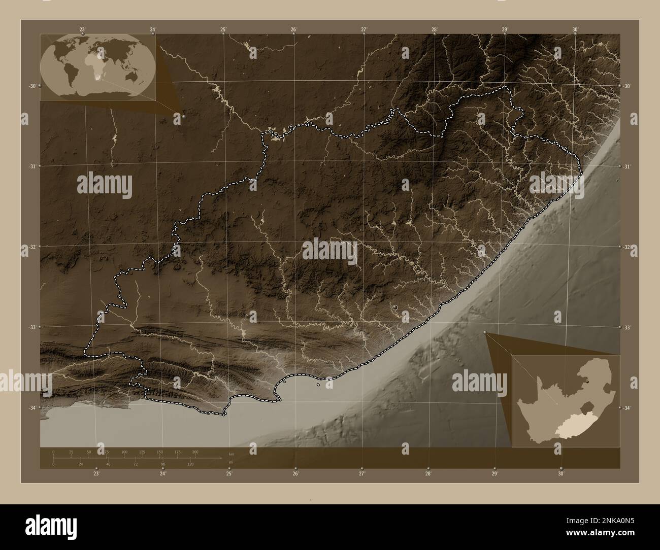 Eastern Cape, province of South Africa. Elevation map colored in sepia ...