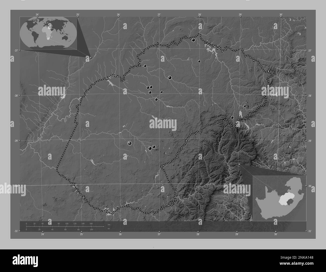 Free State, province of South Africa. Grayscale elevation map with ...