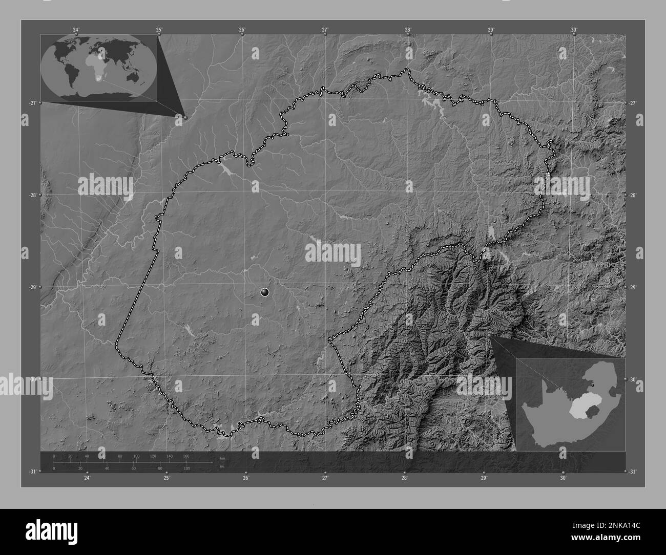 Free State, province of South Africa. Bilevel elevation map with lakes ...