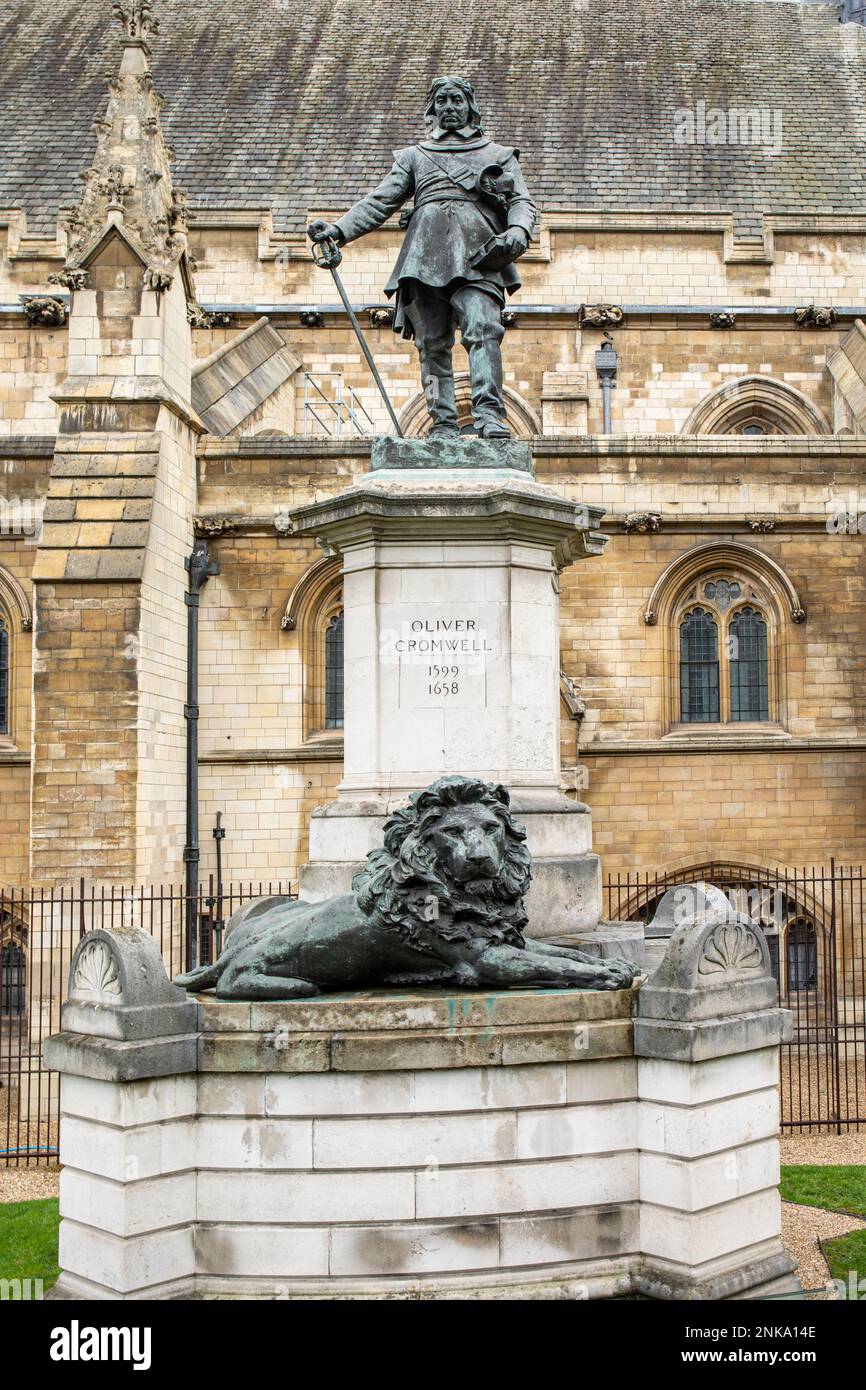 Statue of Oliver Cromwell, designed by Hamo Thornycroft and erected in 1899, in Westminster ...