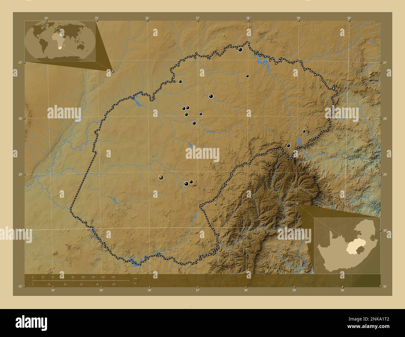 Free State, province of South Africa. Colored elevation map with lakes ...