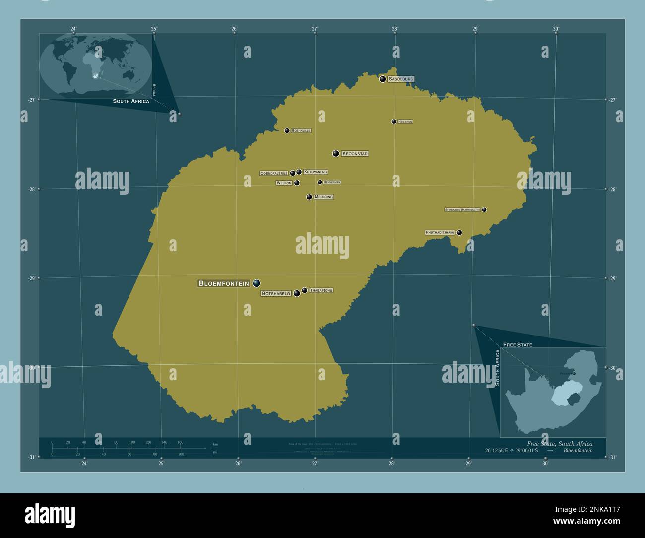 Free State, province of South Africa. Solid color shape. Locations and ...