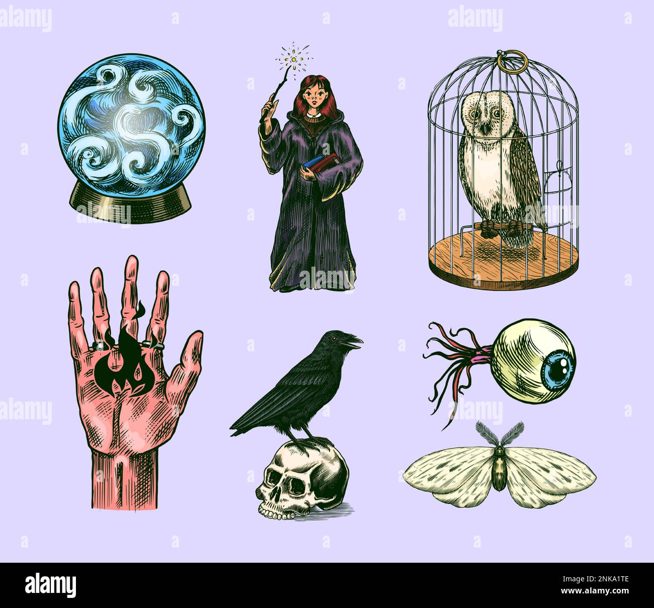 Witch brews a potion in a cauldron. Magic ball, book of spells, black ...