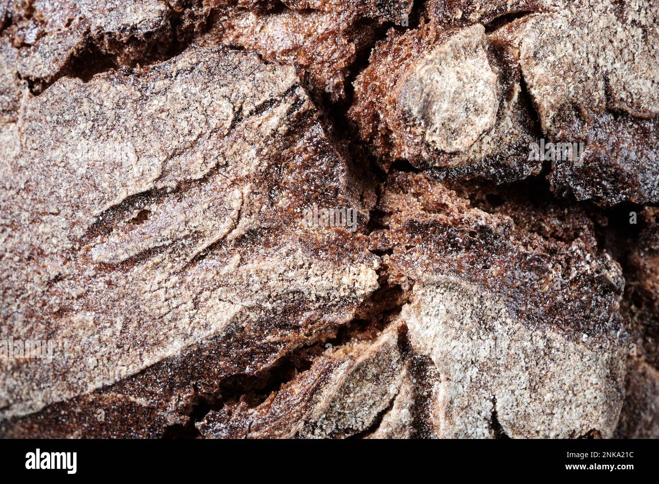 Natural background from a close-up of a crust of rye bread. Selective ...