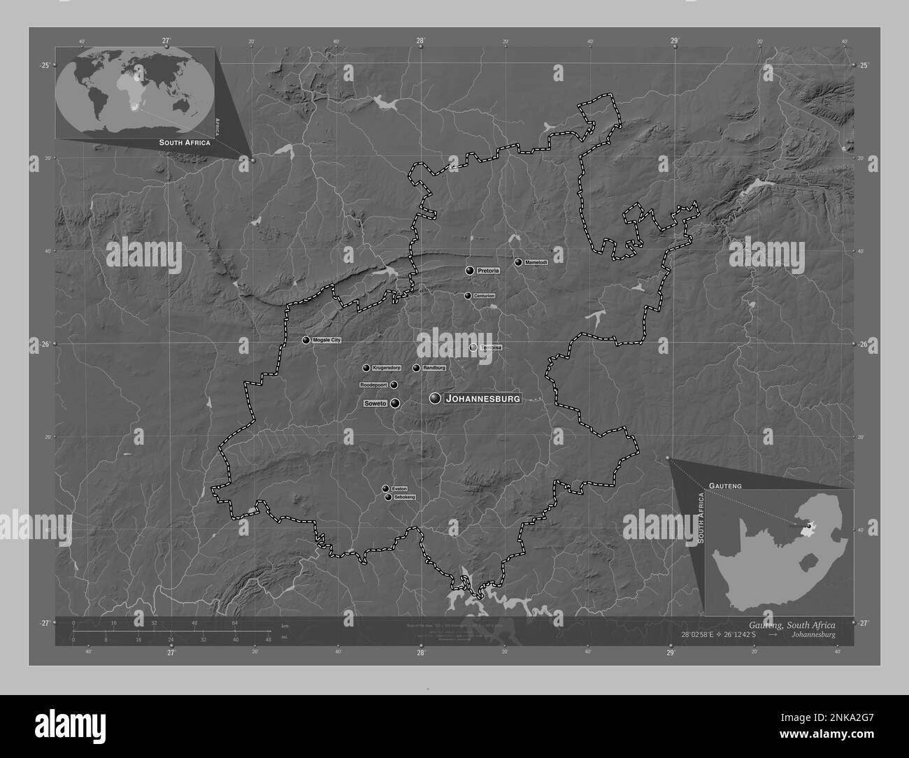 Gauteng, province of South Africa. Grayscale elevation map with lakes ...