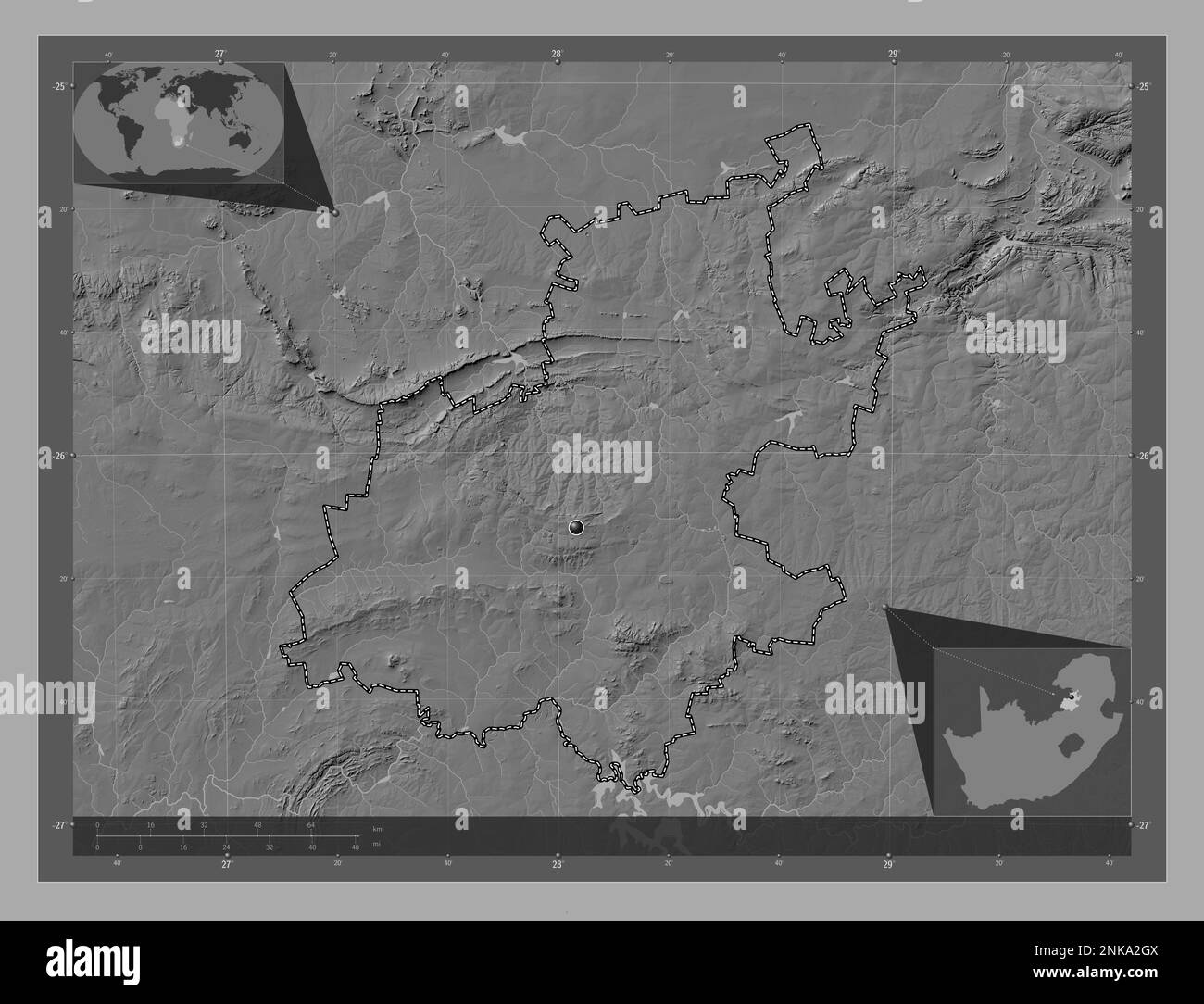 Gauteng, province of South Africa. Bilevel elevation map with lakes and ...