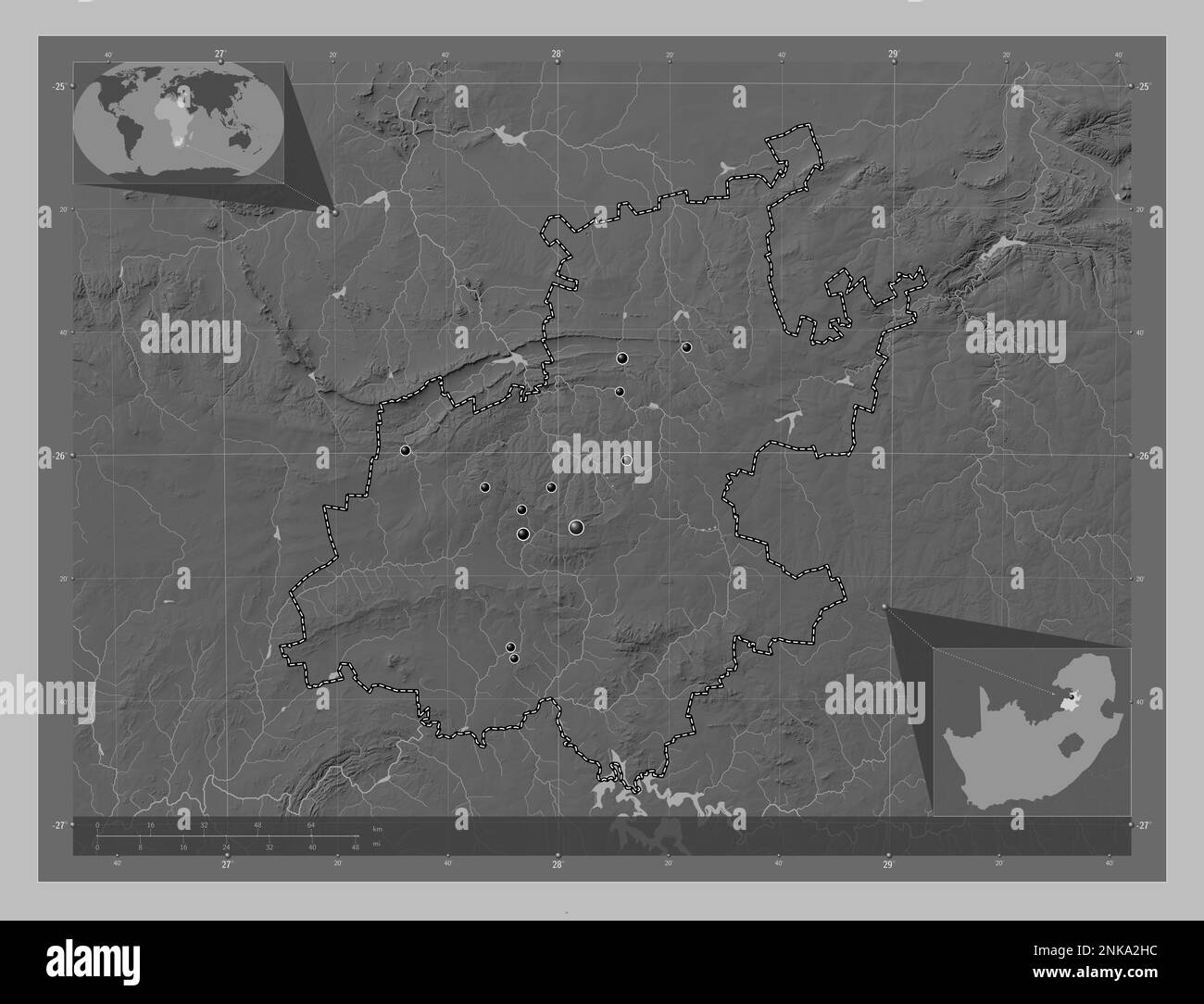 Gauteng, province of South Africa. Grayscale elevation map with lakes ...