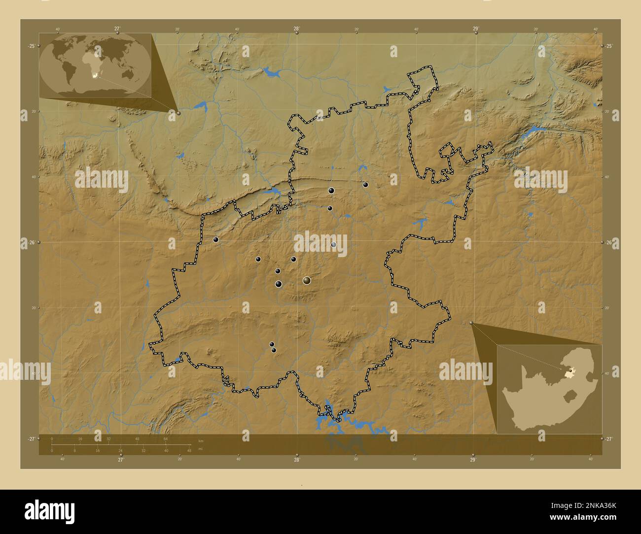 Gauteng, province of South Africa. Colored elevation map with lakes and ...
