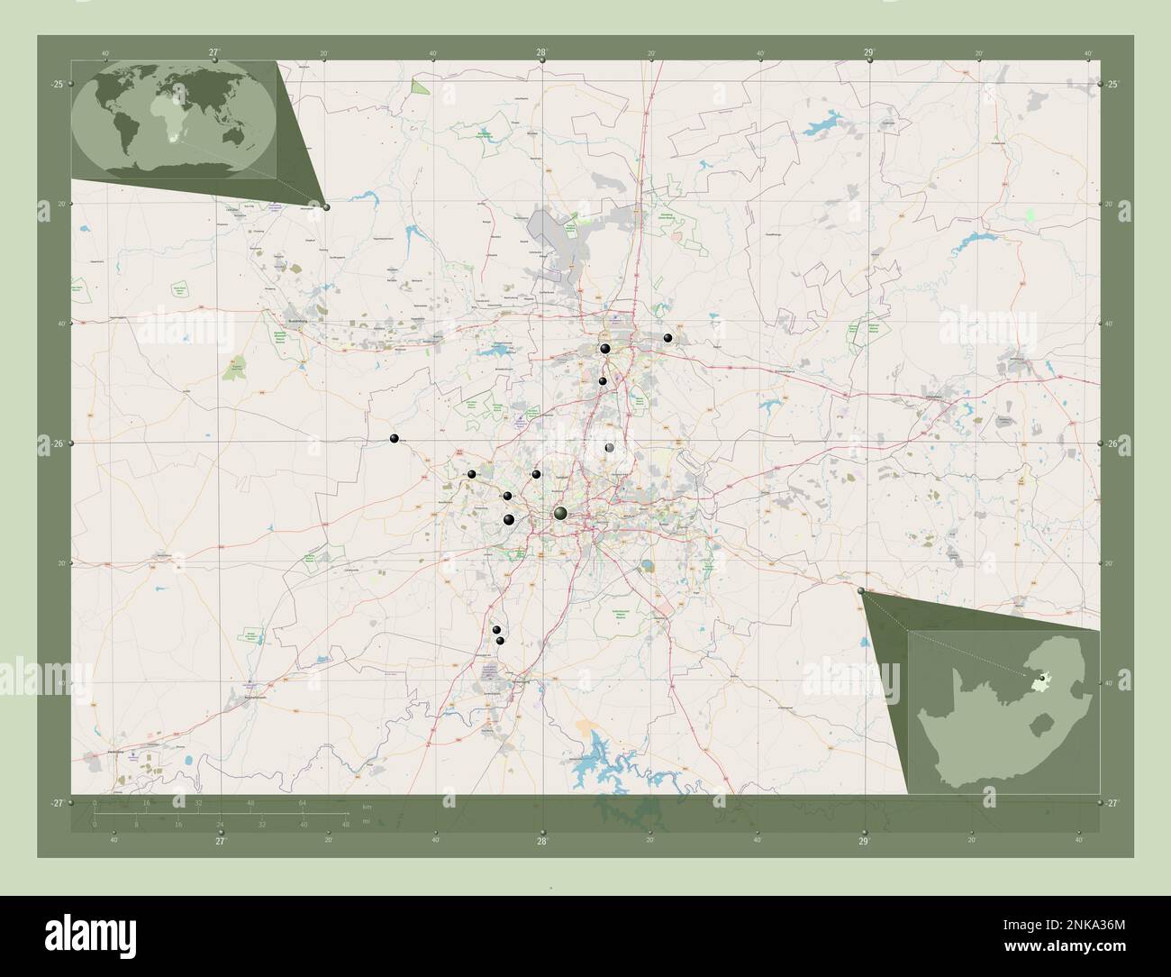 Gauteng, province of South Africa. Open Street Map. Locations of major ...
