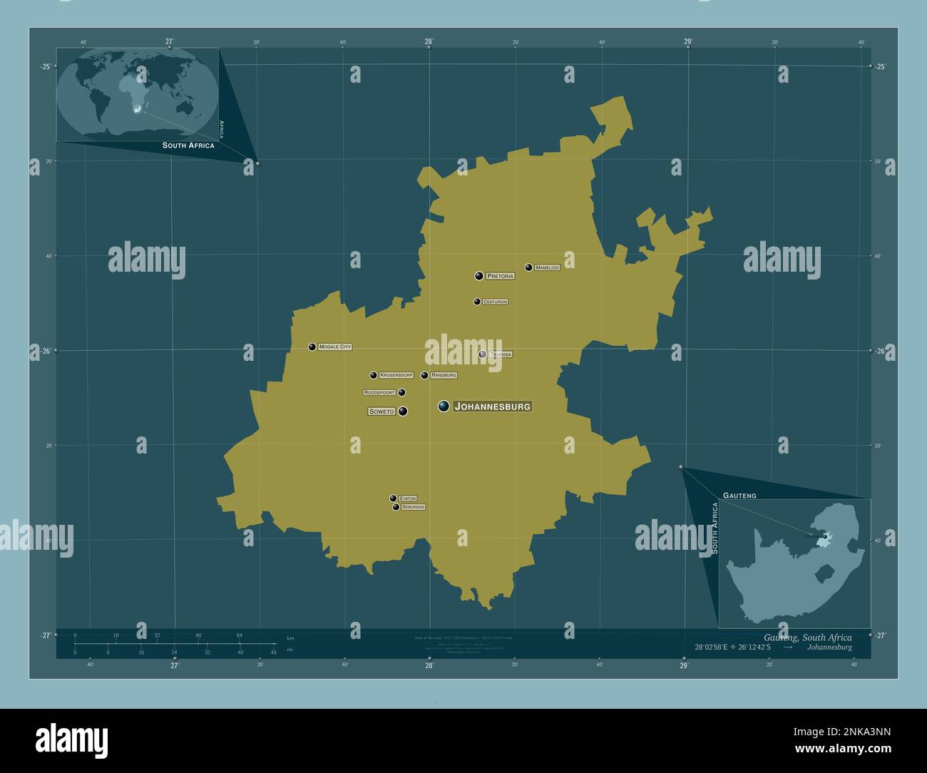 Gauteng, province of South Africa. Solid color shape. Locations and ...