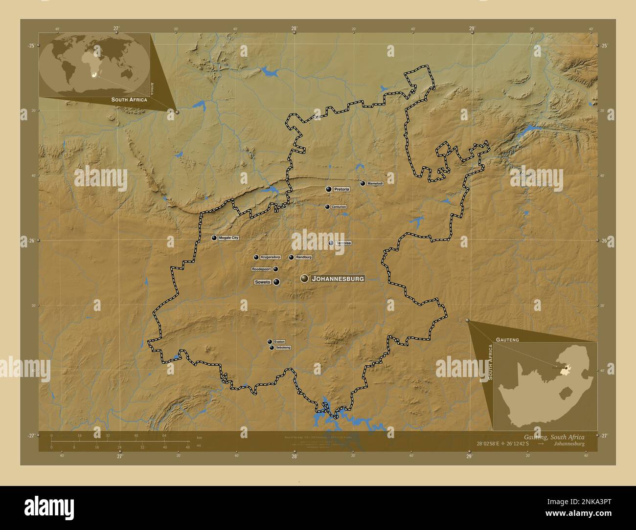 Gauteng, province of South Africa. Colored elevation map with lakes and ...