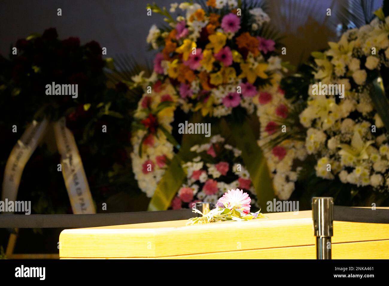 The coffin of the actor Juan Diego inside the funeral chapel located at ...