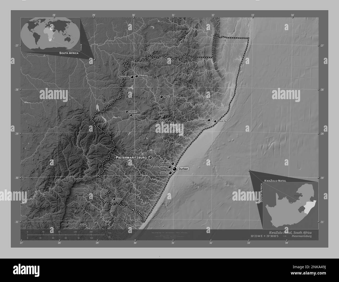 KwaZulu-Natal, province of South Africa. Grayscale elevation map with ...