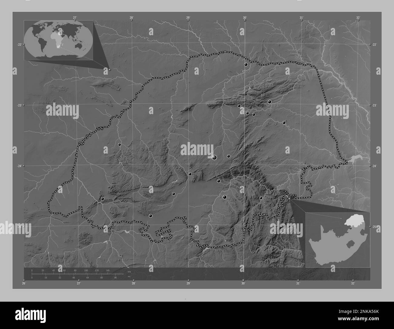Limpopo Province Of South Africa Grayscale Elevation Map With Lakes And Rivers Locations Of