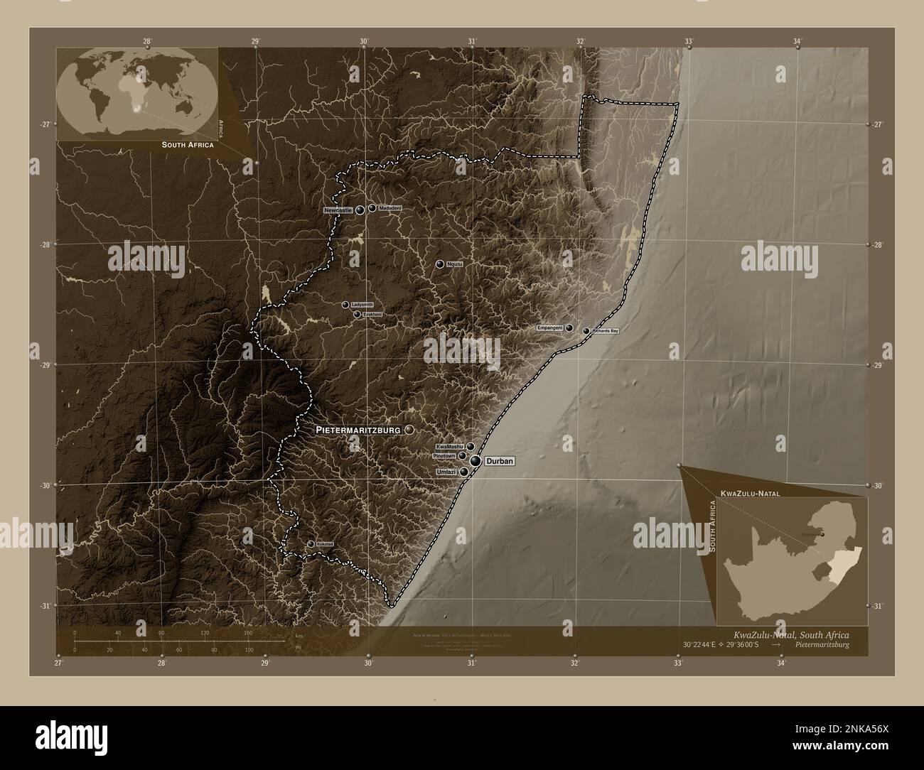 KwaZulu-Natal, province of South Africa. Elevation map colored in sepia ...
