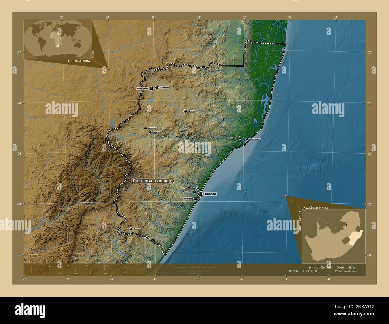 KwaZulu-Natal, province of South Africa. Colored elevation map with ...