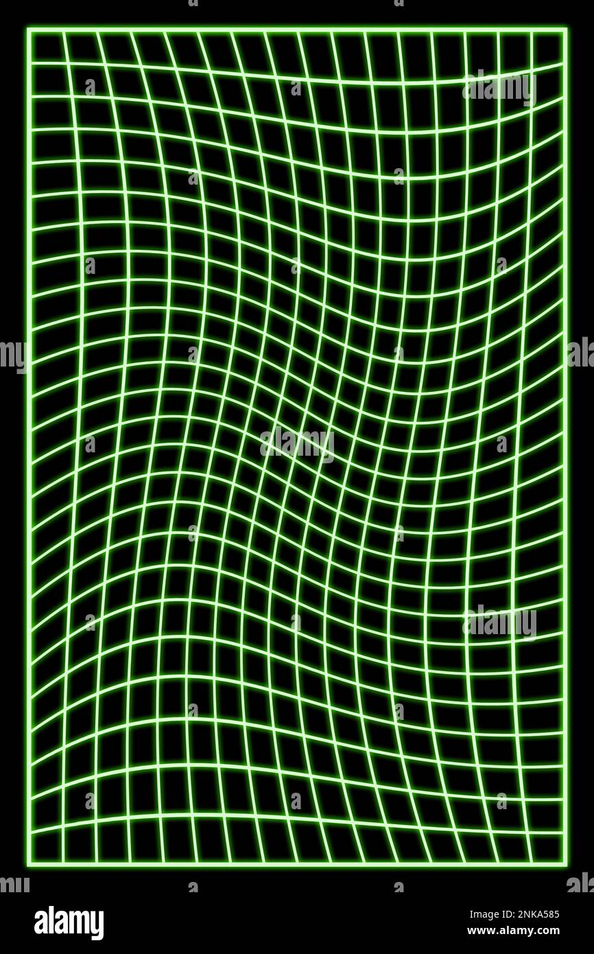 Retro neon green grid or lattice distorted into swirl. Bright glowing ...