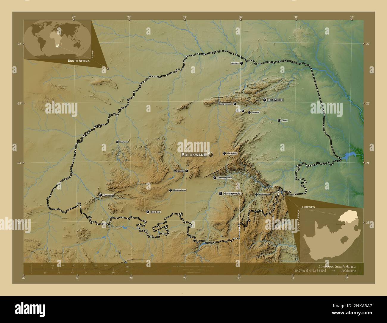 Limpopo, province of South Africa. Colored elevation map with lakes and ...