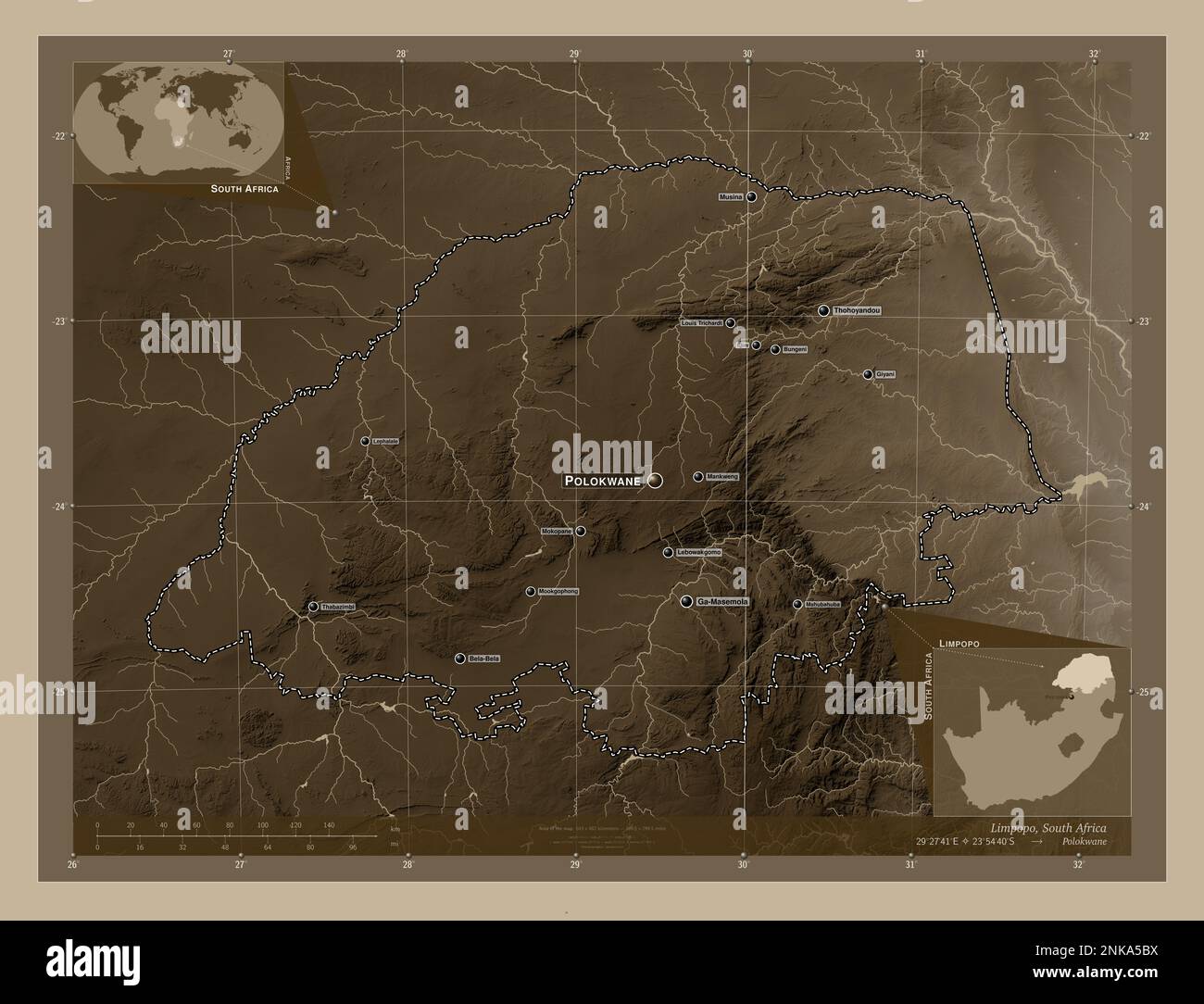 Limpopo, province of South Africa. Elevation map colored in sepia tones ...