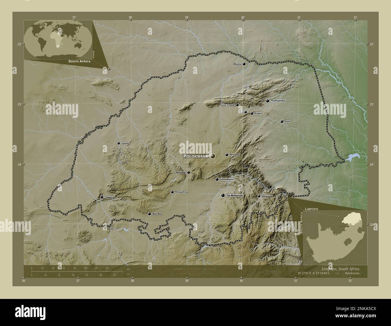 Limpopo, province of South Africa. Elevation map colored in wiki style ...