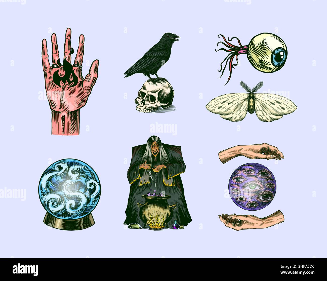 Witch brews a potion in a cauldron. Magic ball, book of spells, black ...