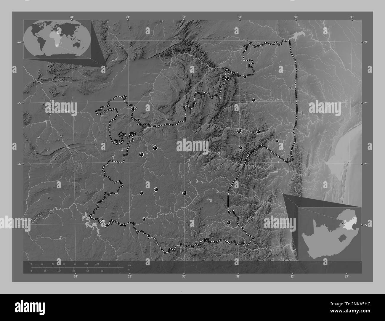 Mpumalanga, province of South Africa. Grayscale elevation map with ...