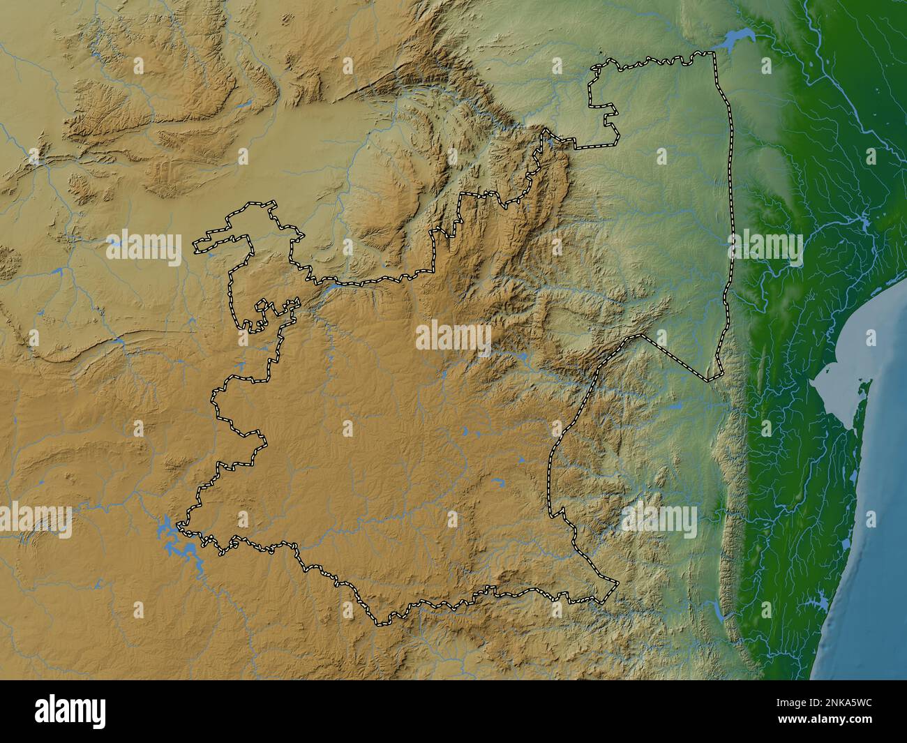 Mpumalanga, province of South Africa. Colored elevation map with lakes ...